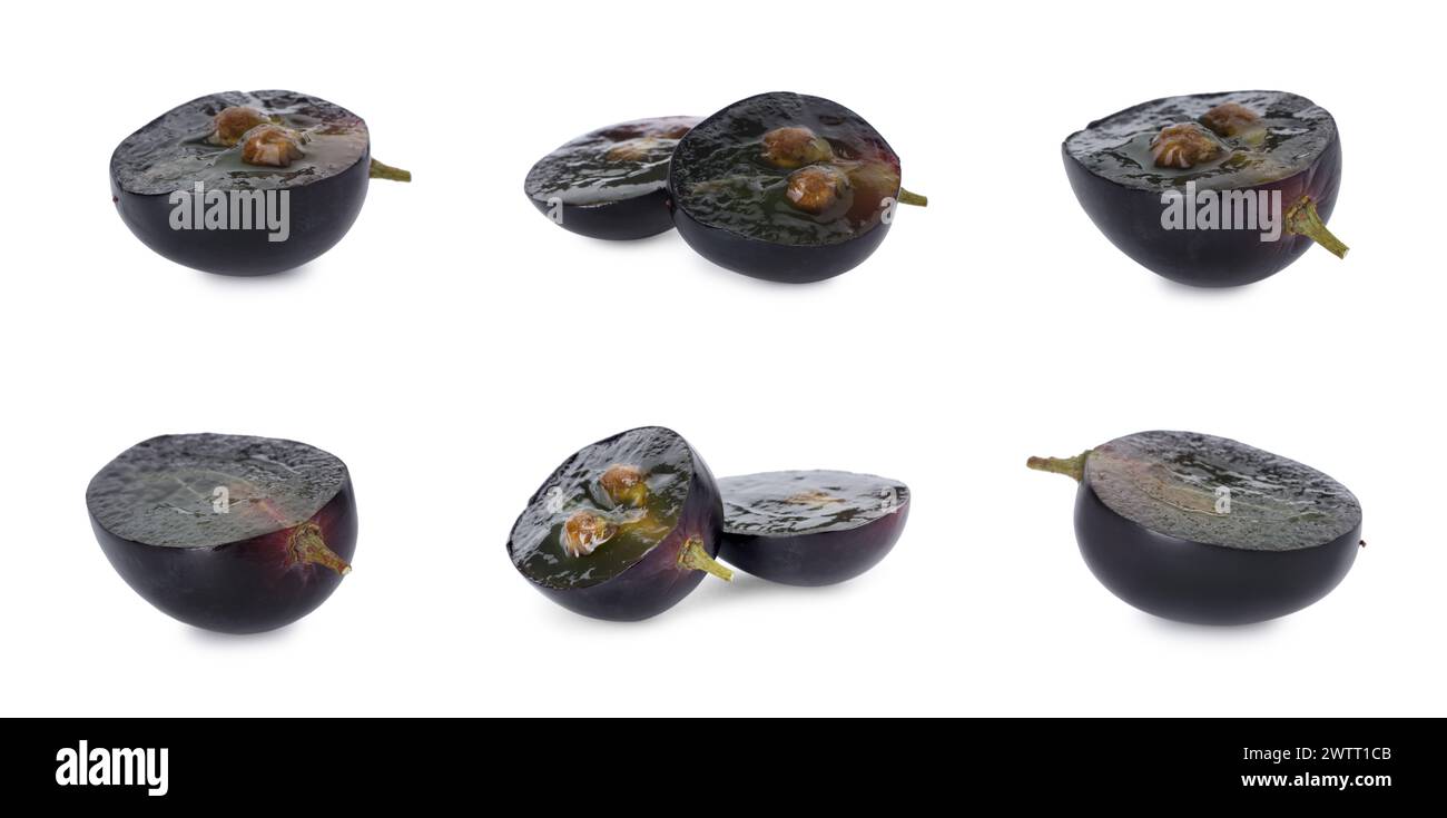 Cut ripe dark blue grapes isolated on white, set Stock Photo - Alamy