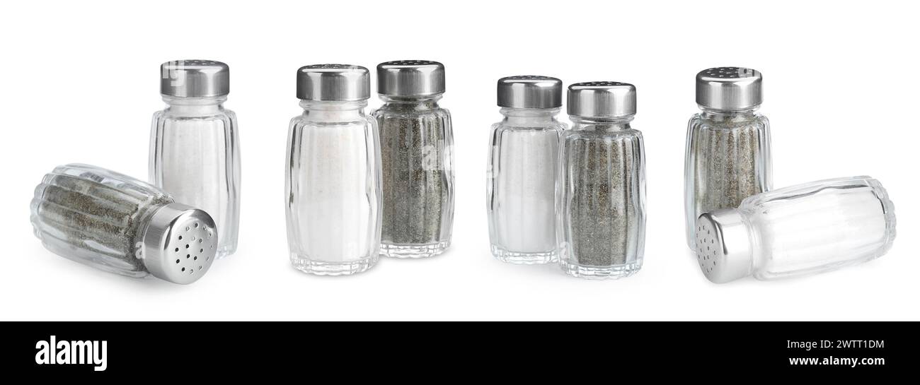 Different salt and pepper shakers isolated on white, set Stock Photo ...