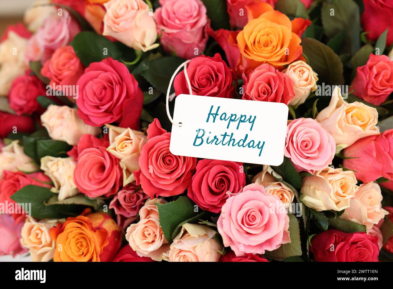 Bouquet of beautiful roses with Happy Birthday card, top view Stock ...