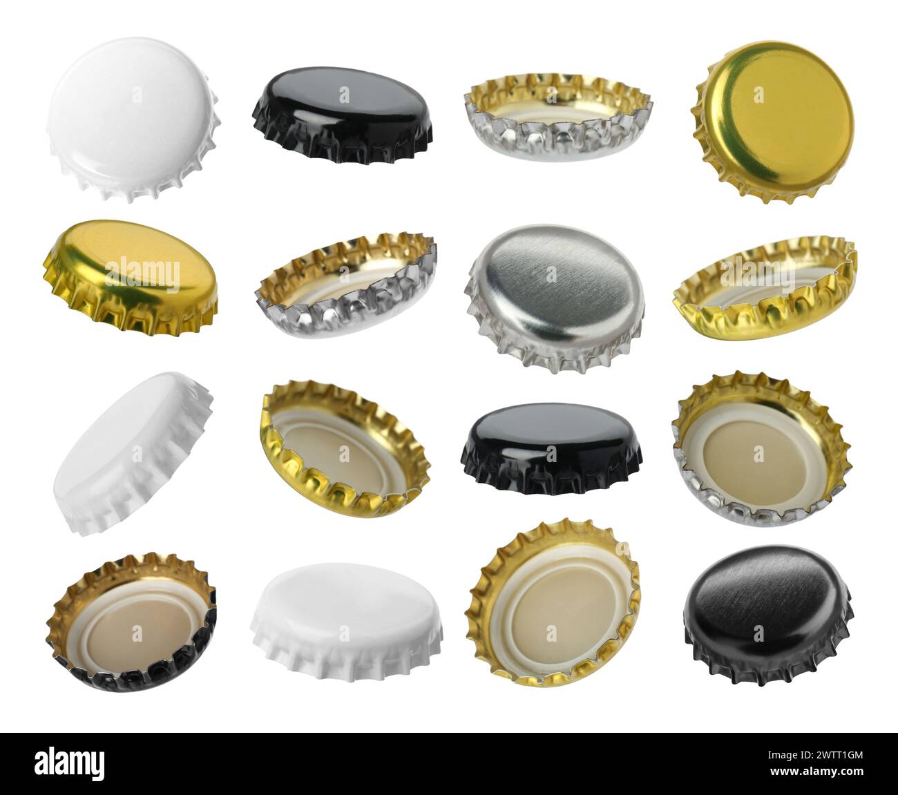 Different beer bottle caps isolated on white, set Stock Photo - Alamy