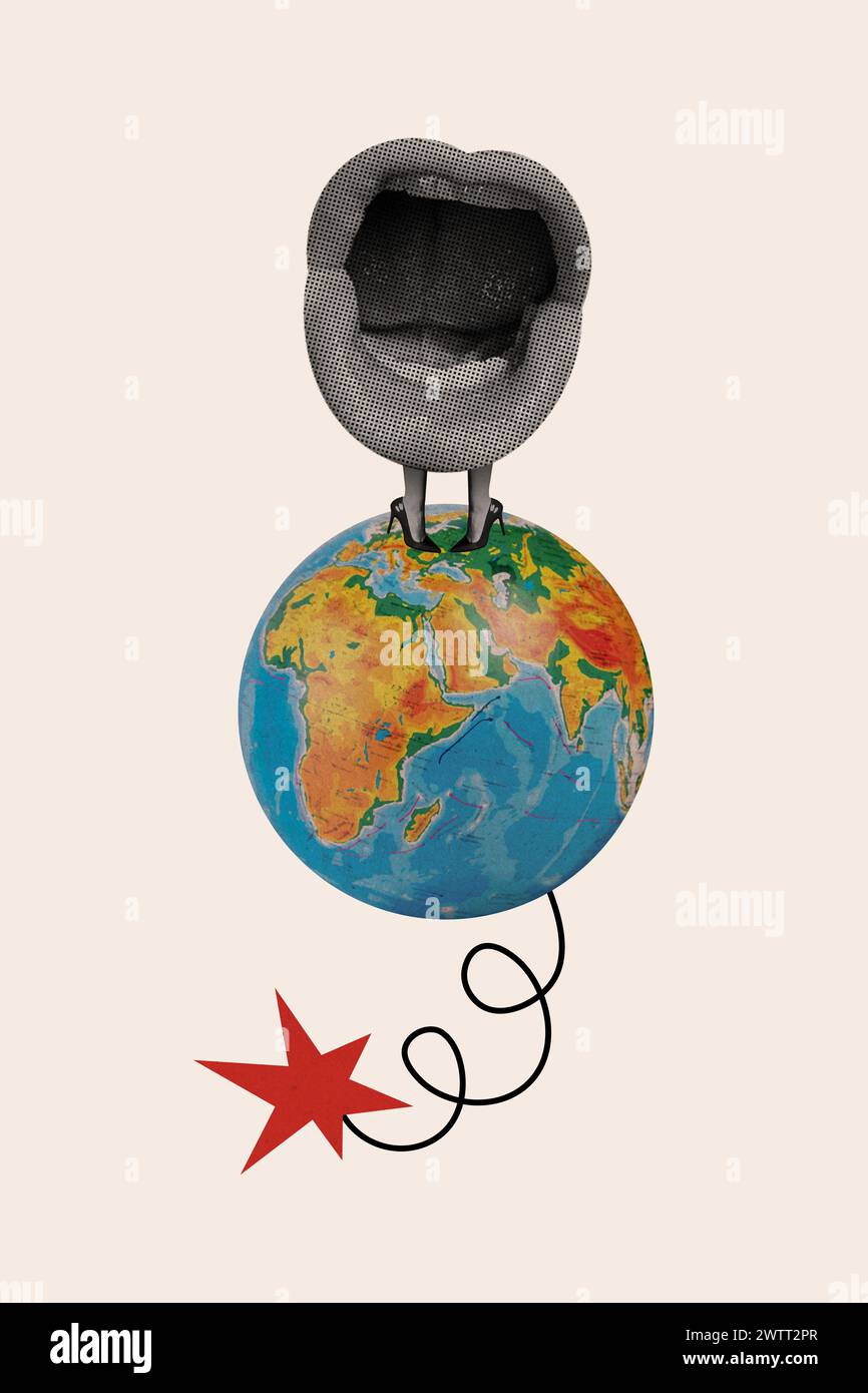 Vertical photo collage of female legs heels instead body mouth stand ...