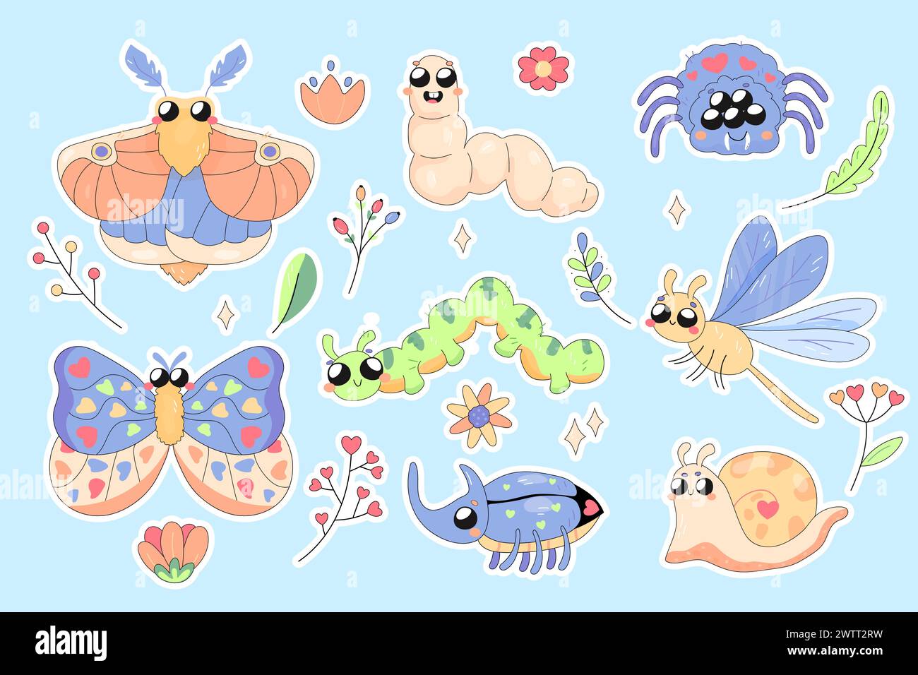 A set of cute insects, bugs, moth, spider, worm, butterfly, for ...