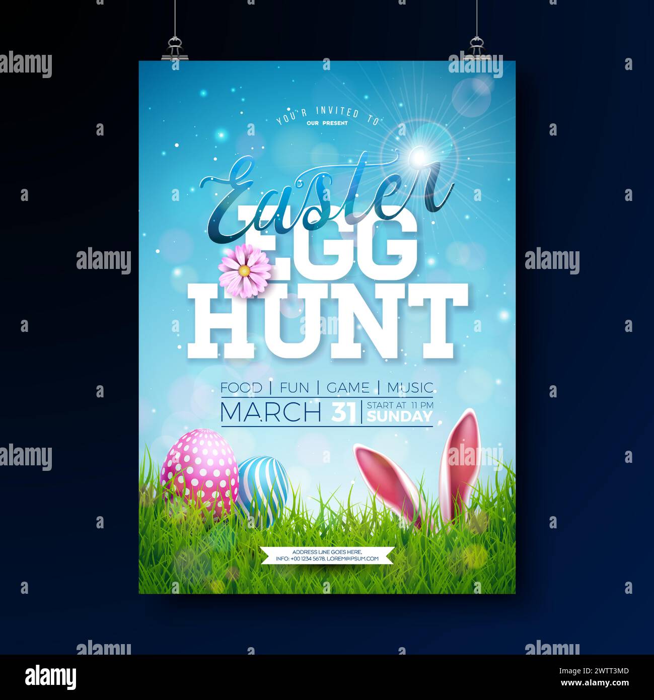 Easter Egg Hunt Illustration with painted eggs and flowers on nature blue background. Vector ...