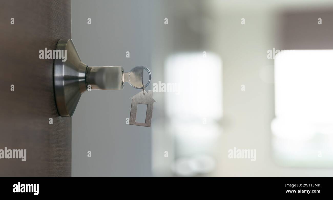 Open door at home with key in keyhole, new housing concept Stock Photo ...