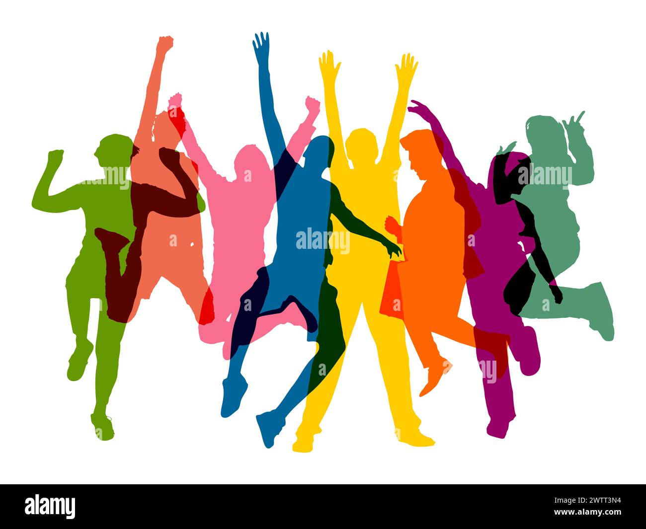 Colorful silhouettes of cheering and jumping and vital people of many ...