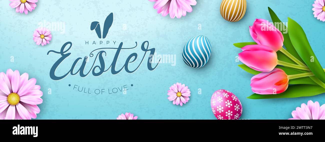 Happy Easter Holiday Design with Painted Egg and Spring Tulip Flower on ...