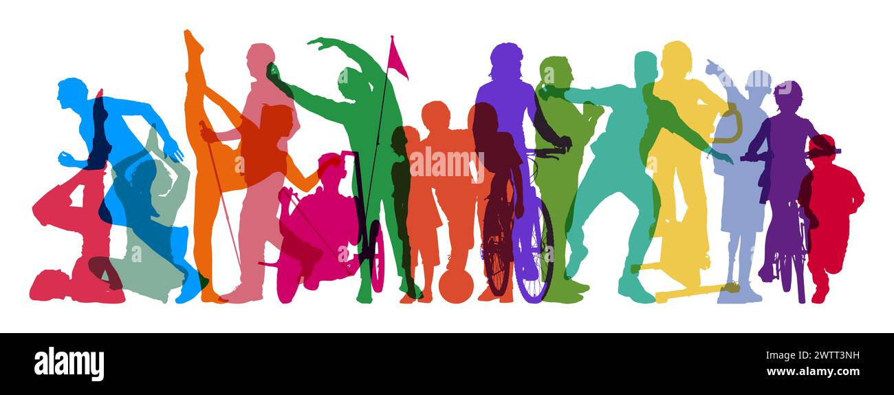 Panorama of colorful silhouettes of active people doing sports and ...