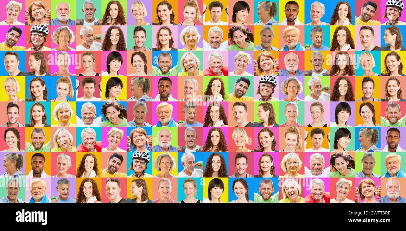 Active adults of many generations in front of colorful monochrome ...