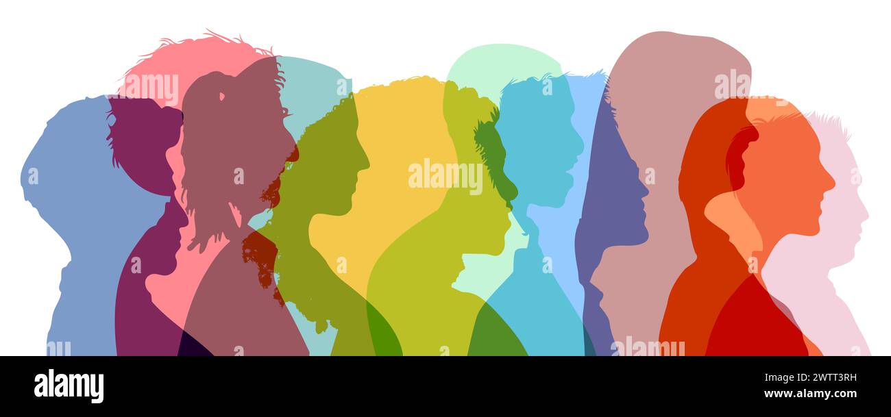 Colorful semi-transparent heads look in one direction and overlap as a ...