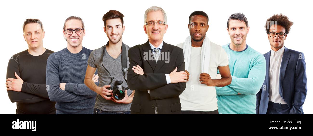 Adult men of many generations at work and leisure as society Concept ...