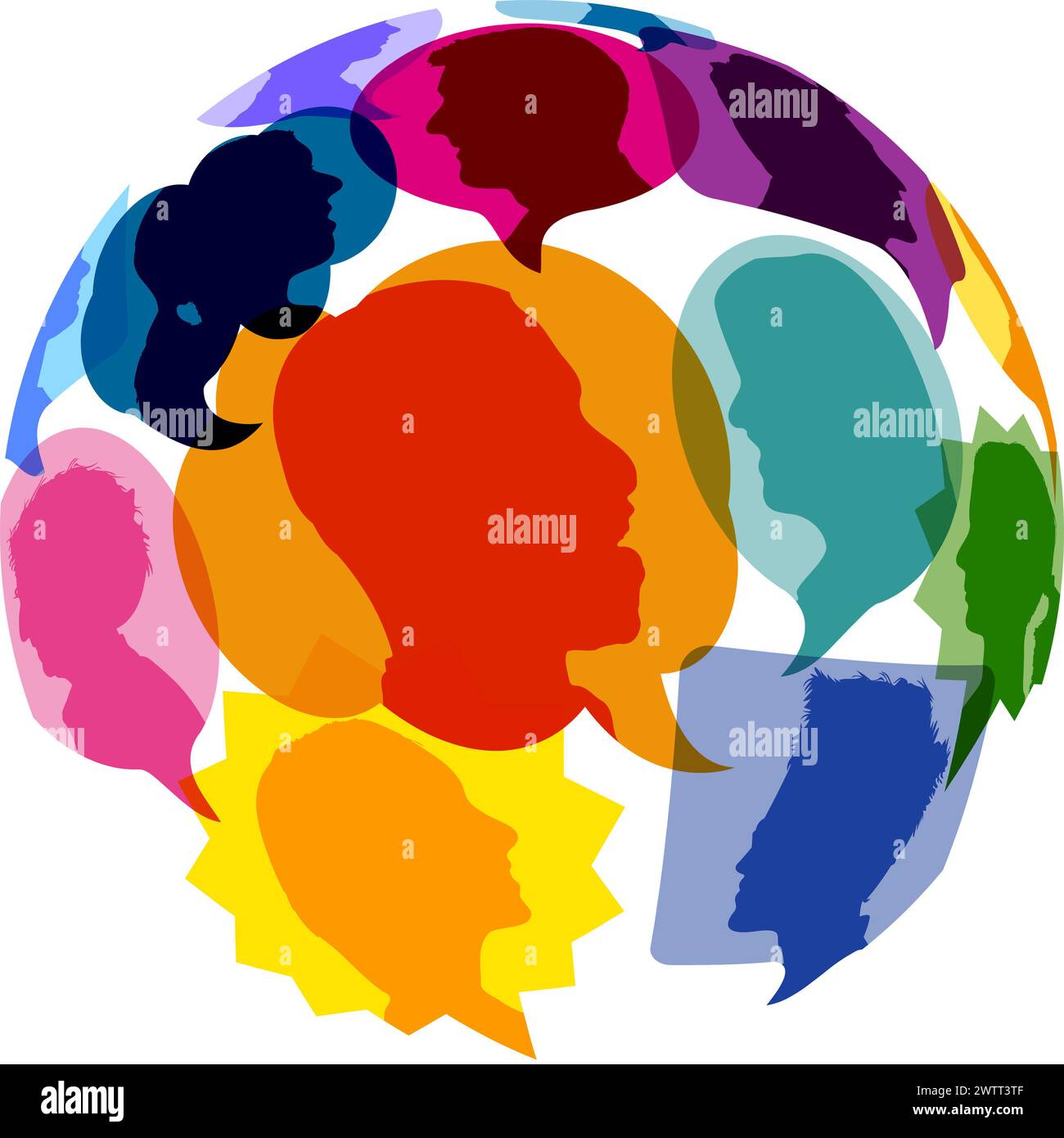Colorful speech bubbles with faces form a globe as a communication and ...