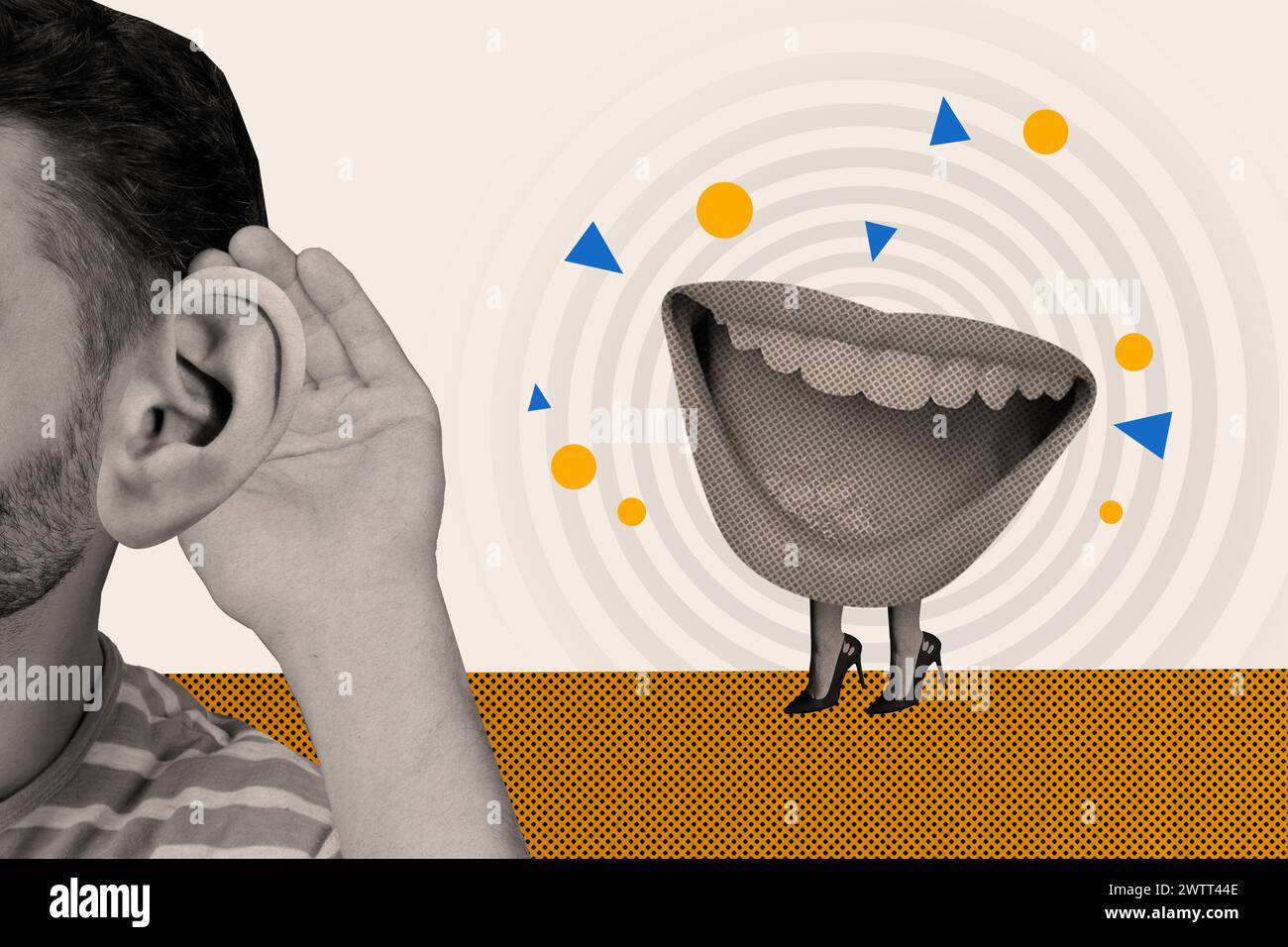 Collage picture magazine of man touching his funny ear hearsay absurd ...