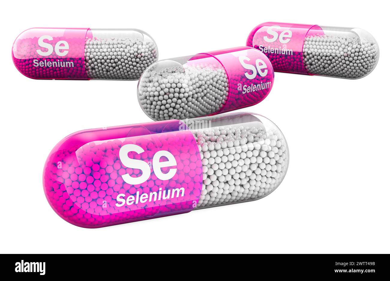 Capsules with selenium Se, dietary supplement. 3D rendering isolated on ...