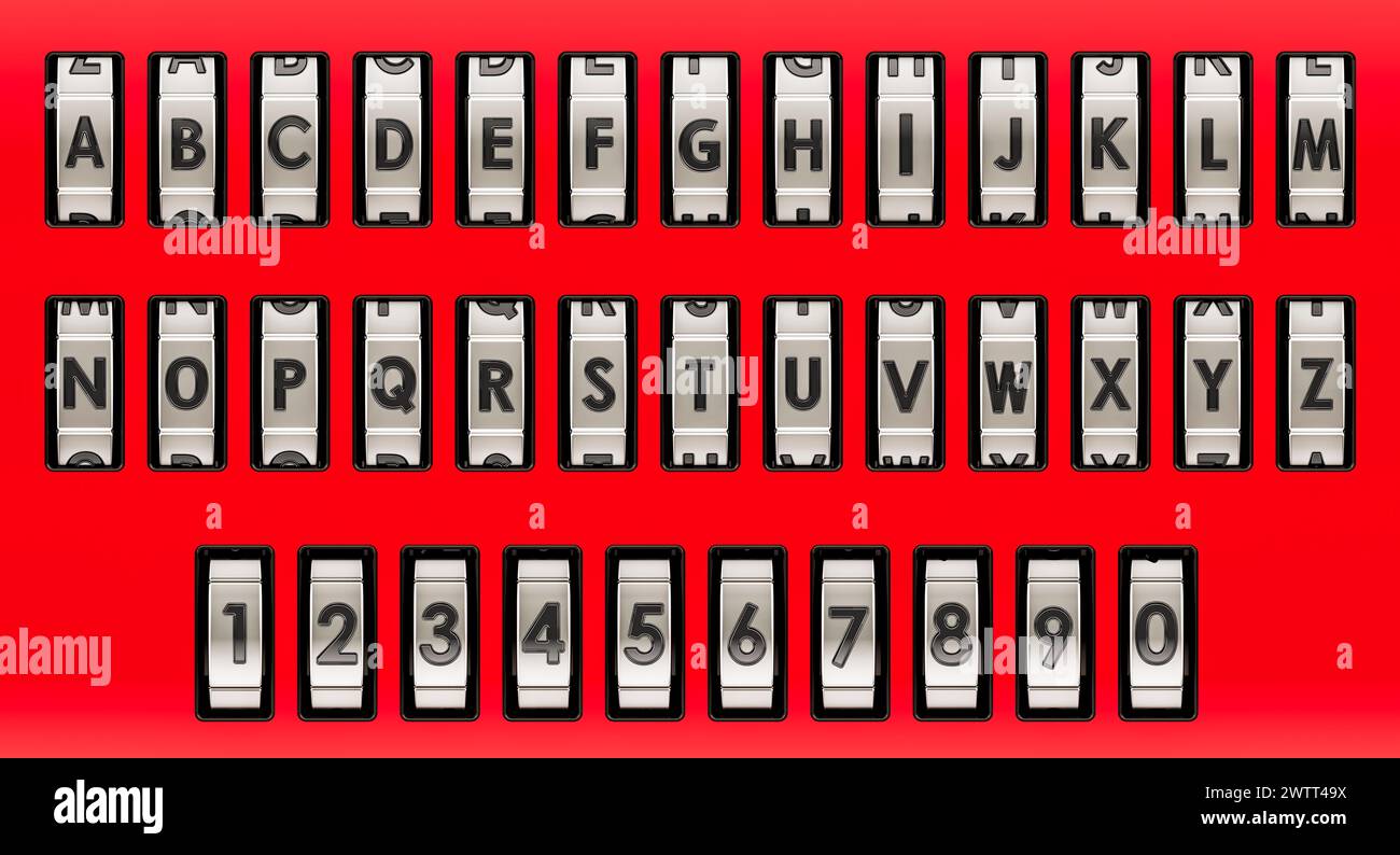 Combination lock font. Padlock safe coding numbers and letters. 3D ...