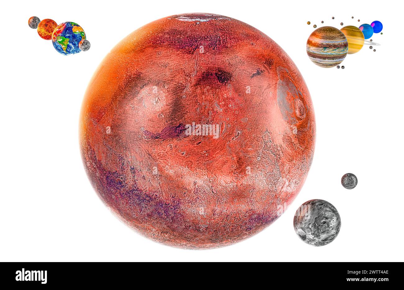 Mars with realistic texture and solar system, 3D rendering isolated on ...