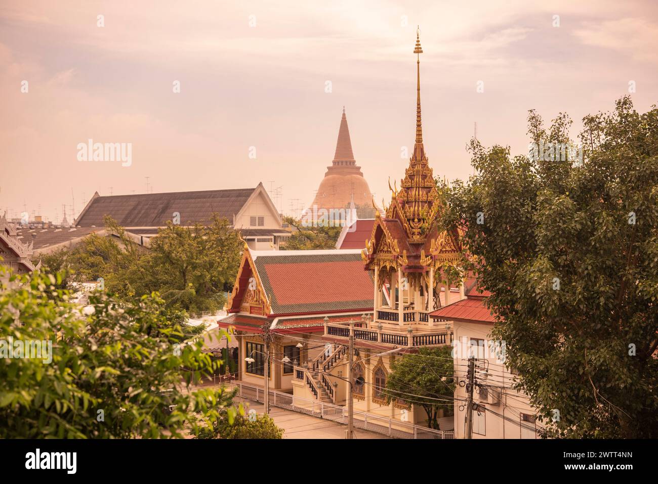 the view from Hill of Wat Phra Ngam with Phra Pathom Chedi, behind, in ...