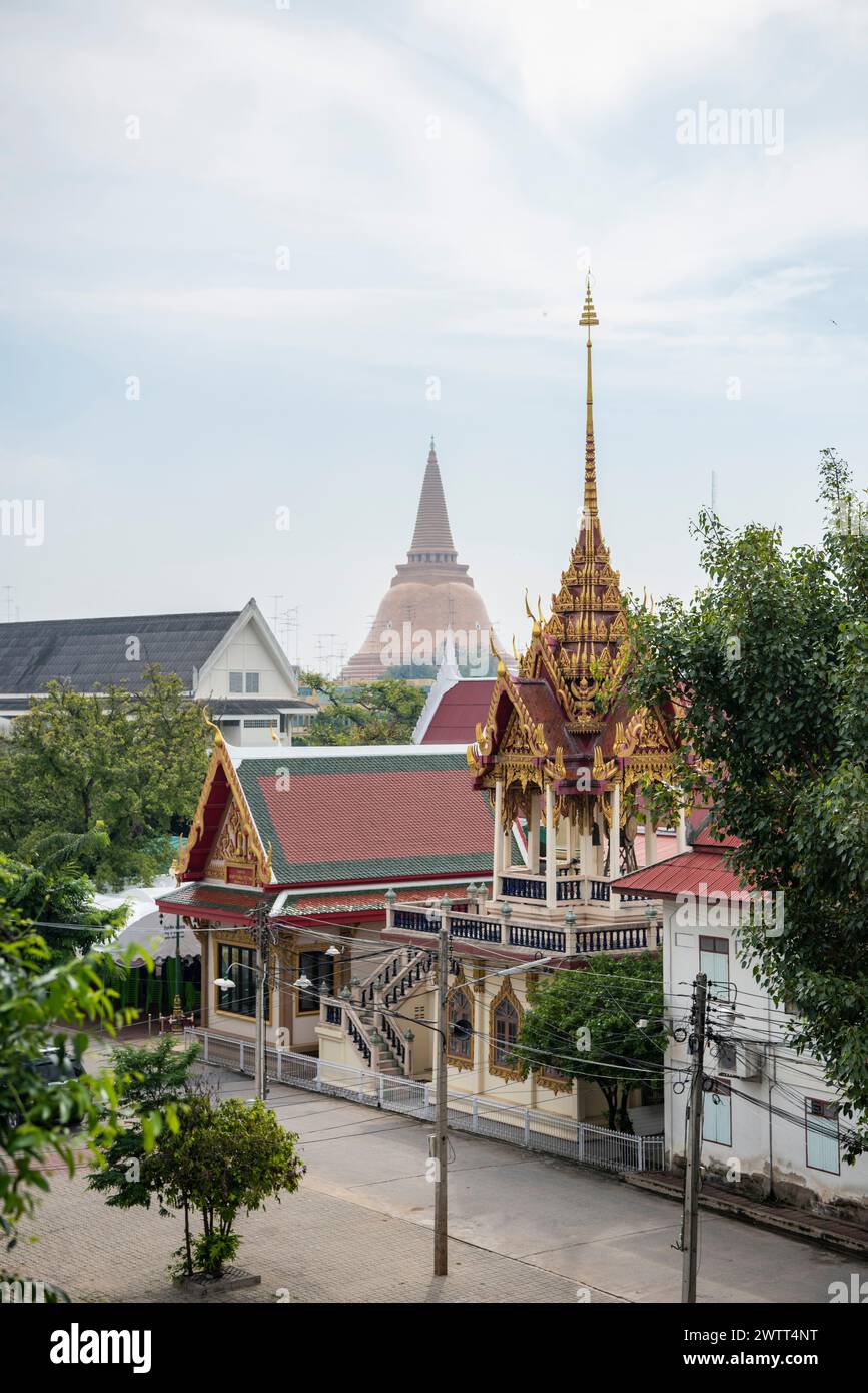 the view from Hill of Wat Phra Ngam with Phra Pathom Chedi, behind, in ...