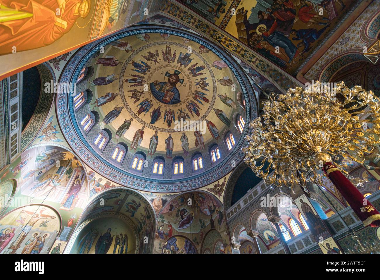 Interior view with dome of Holy Trinity Cathedral in Pireas near Athens ...