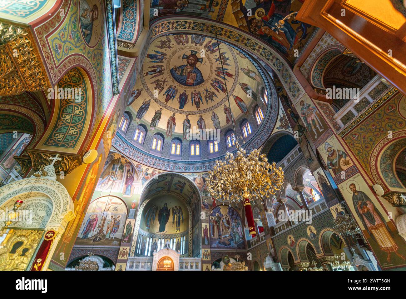 Interior view with dome of Holy Trinity Cathedral in Pireas near Athens ...
