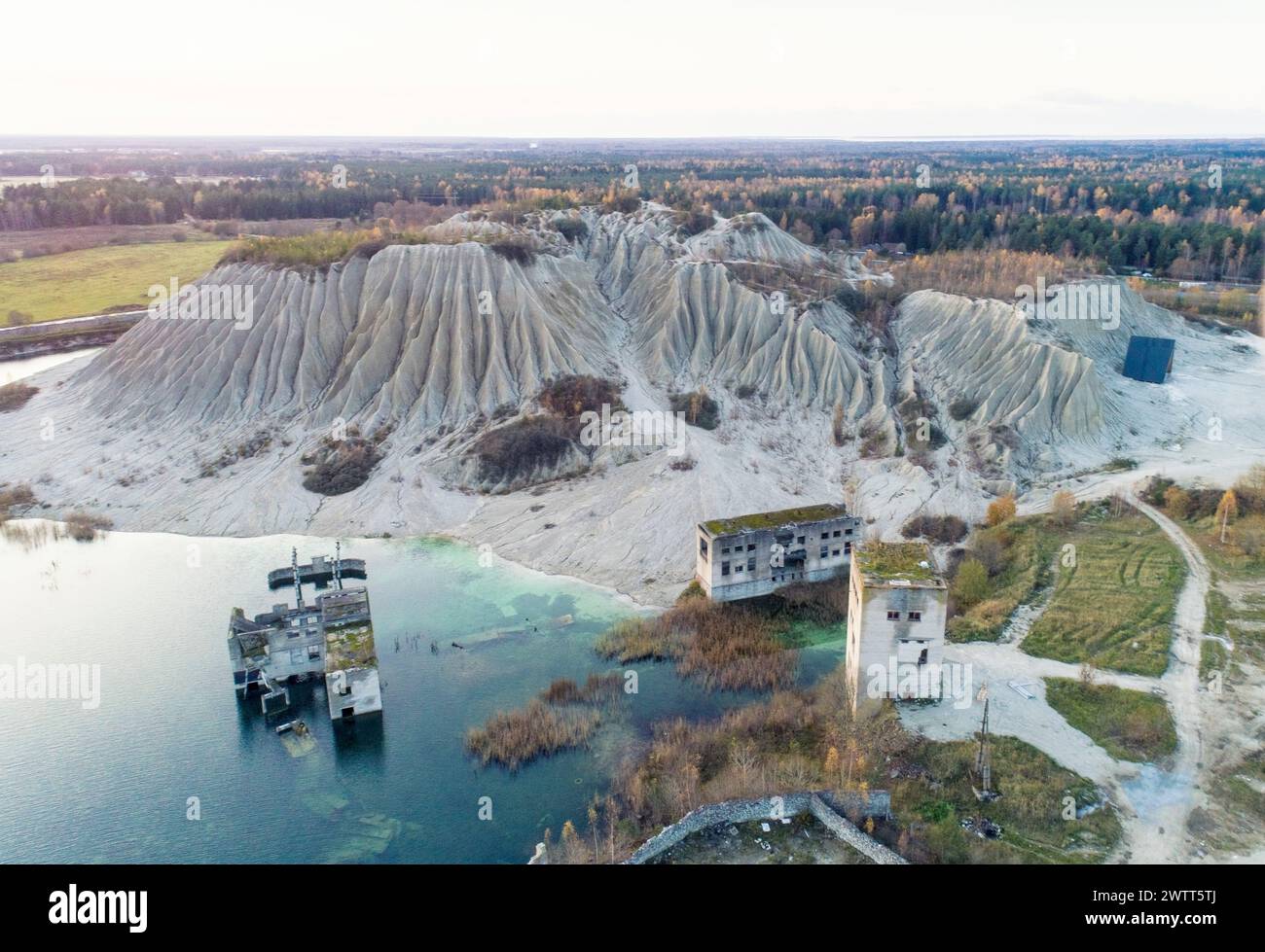 Aerial view of the lake by the underwater soviet prison in Rummu quarry ...