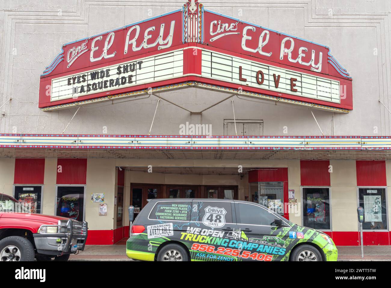 Facade of Cine El Rey movie theater with its red projecting neon ...