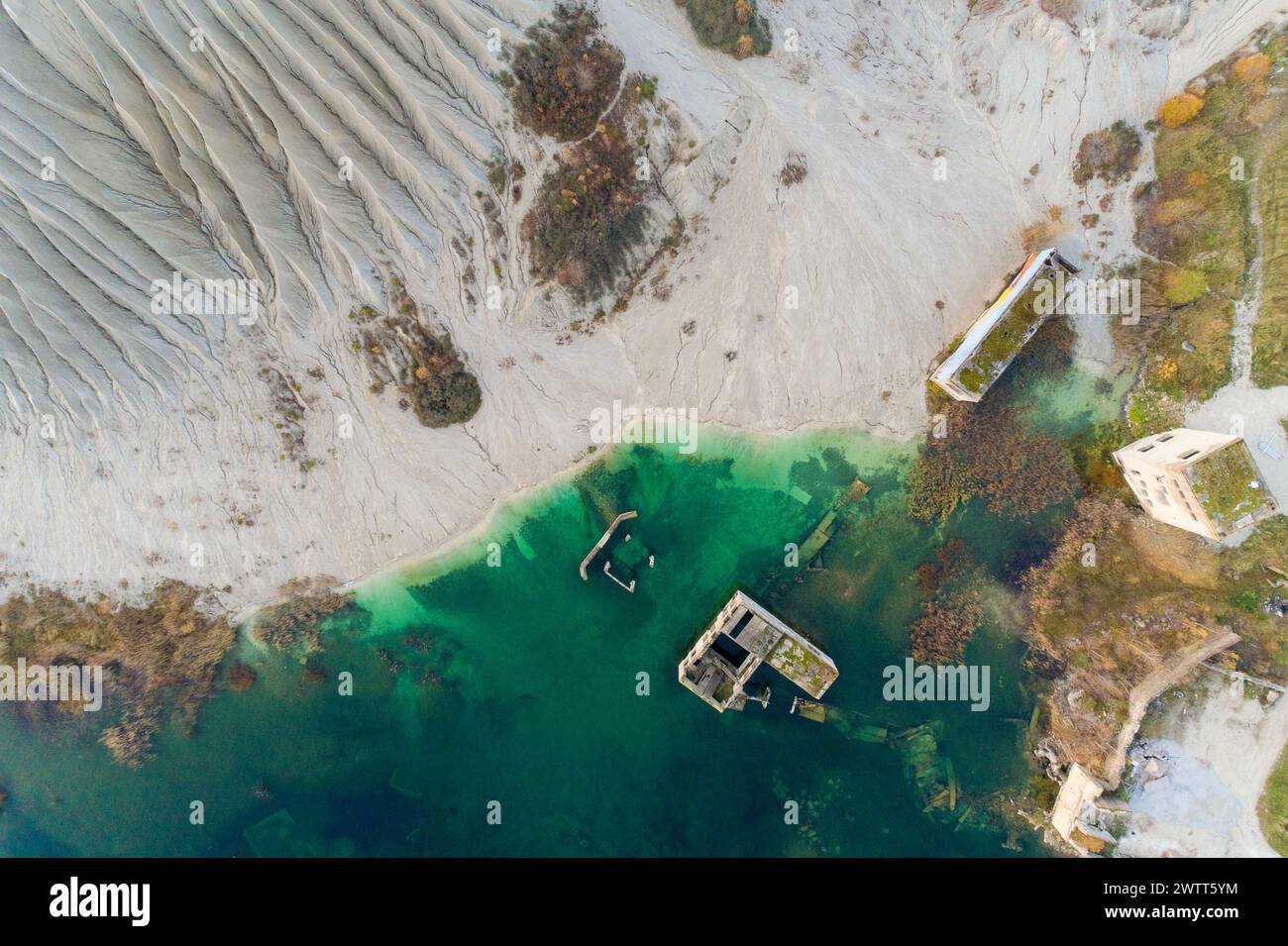 Aerial view of the lake by the underwater soviet prison in Rummu quarry ...
