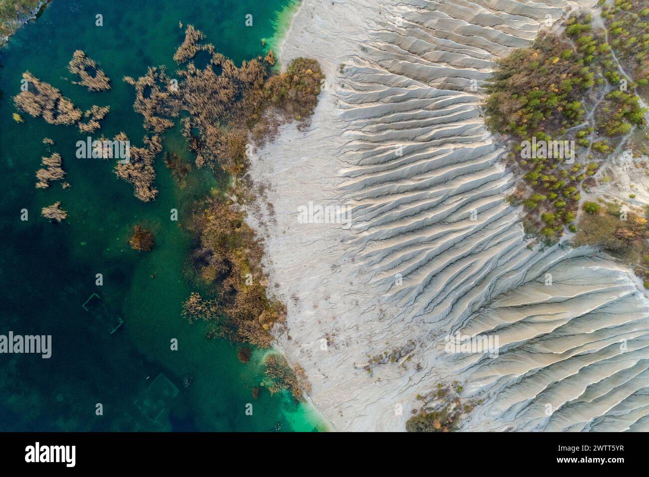 Aerial view of the lake by the underwater soviet prison in Rummu quarry ...