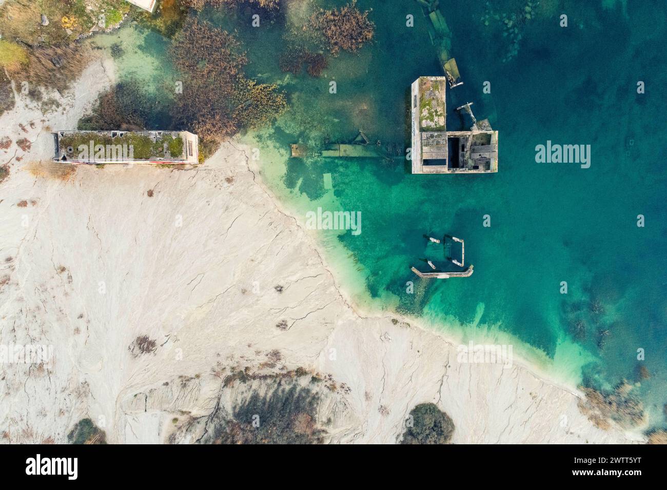 Aerial view of the lake by the underwater soviet prison in Rummu quarry ...