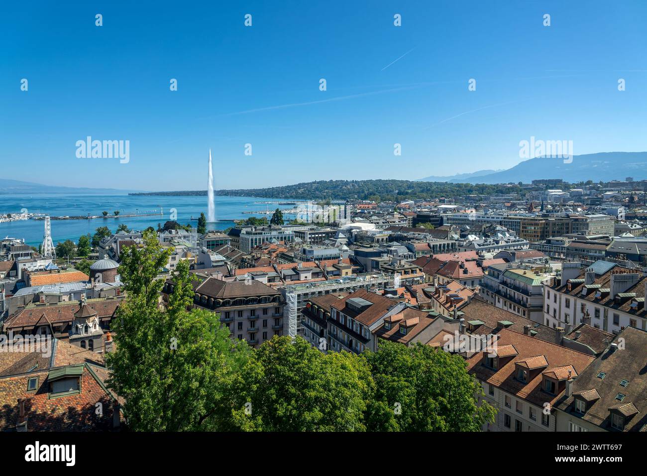 Aerial view of the city, the Jet d'Eau and the lake of Geneva in summer ...
