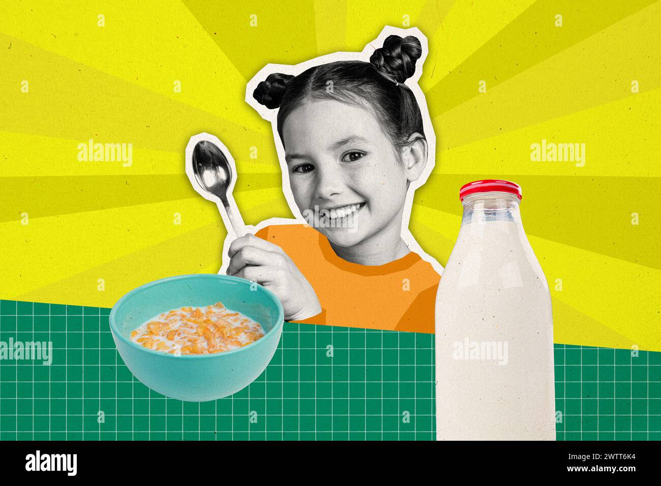 Photo collage image young small preteen girl ready eat milk flakes hold ...