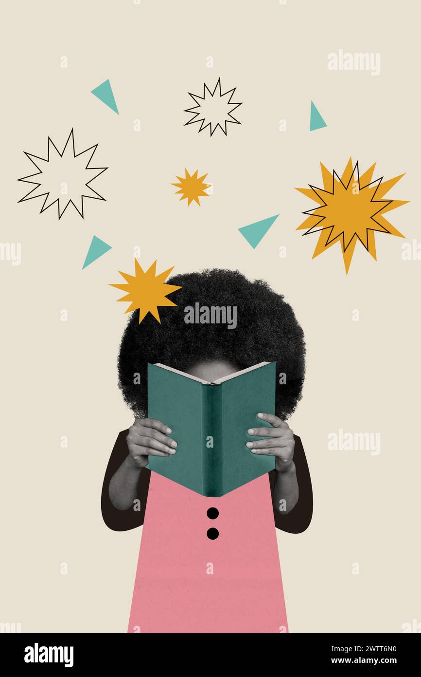 Vertical creative collage girl hidden face hold book reading excited ...