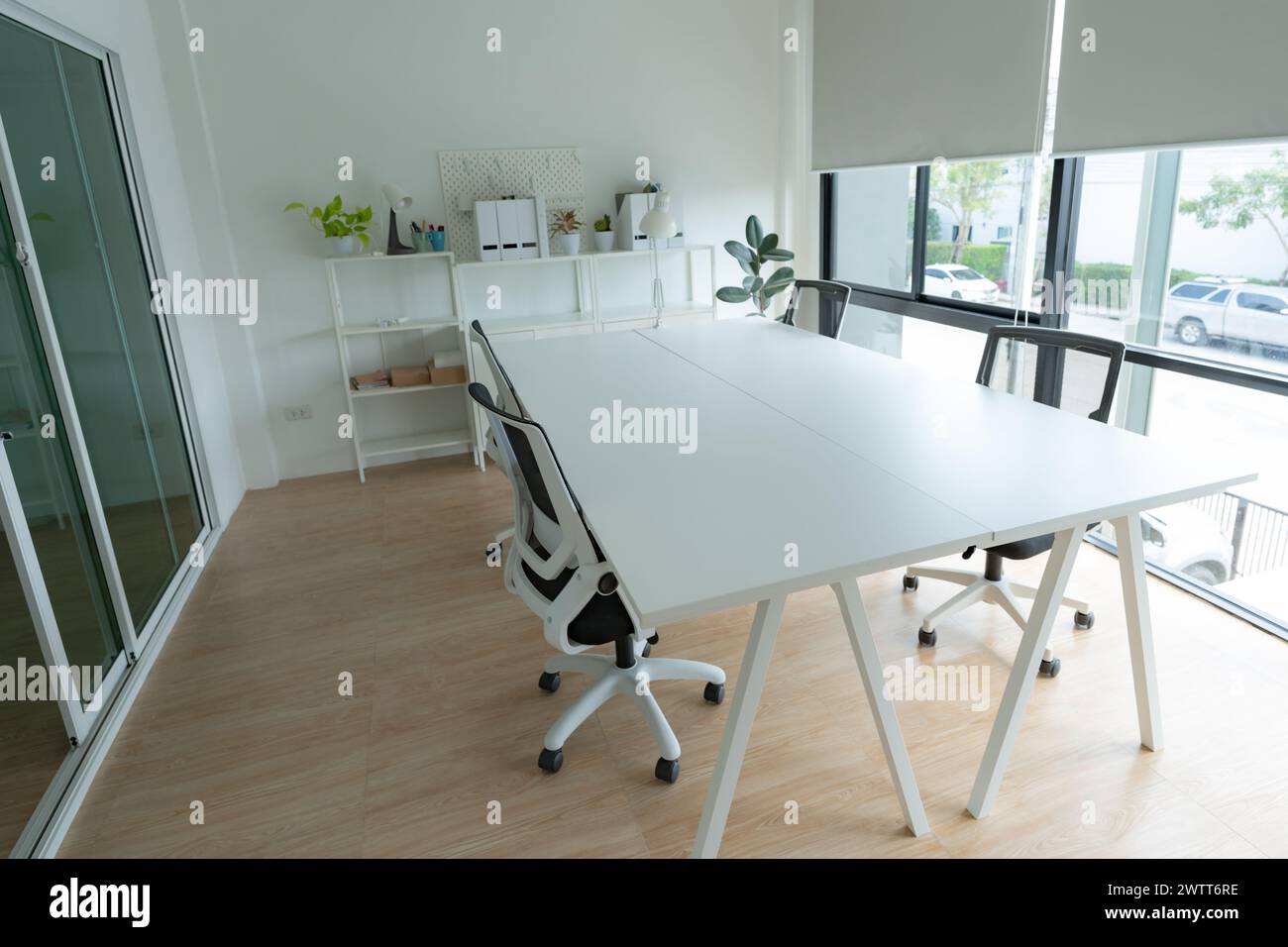 Interior of a modern home office, small office start up business. white ...