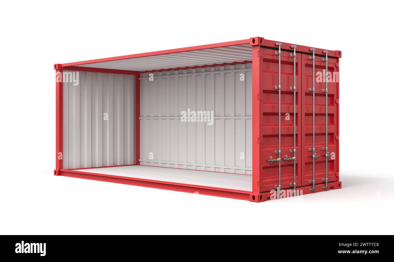 3d rendering of open empty red shipping container side view isolated on ...