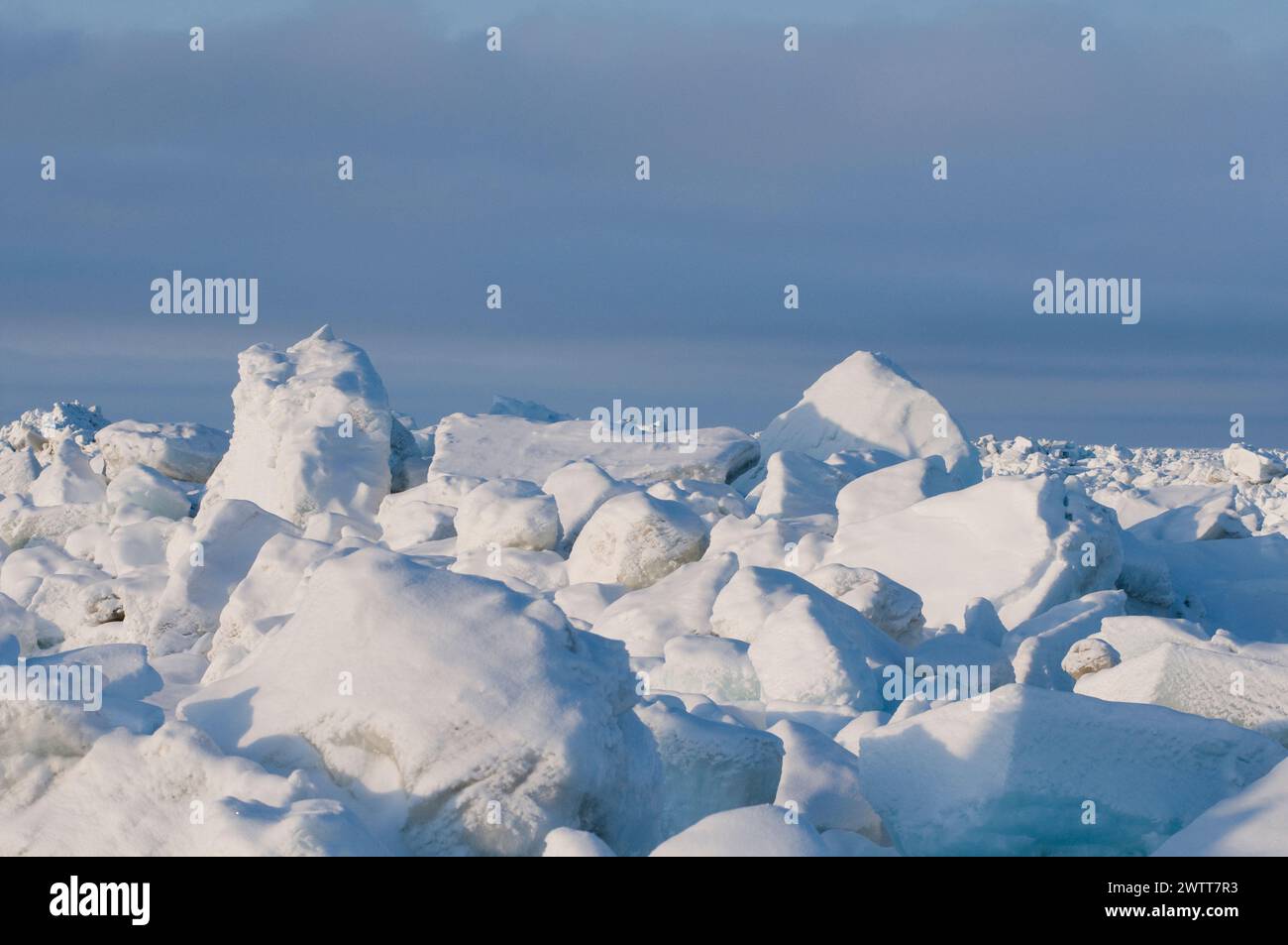 Seascape of rough pack ice over the Chukchi sea in springtime, off ...