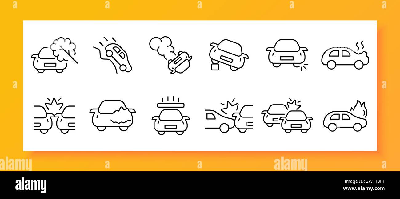 Car accident icon set. Smoke, wood, fire, collision, damage, slope ...