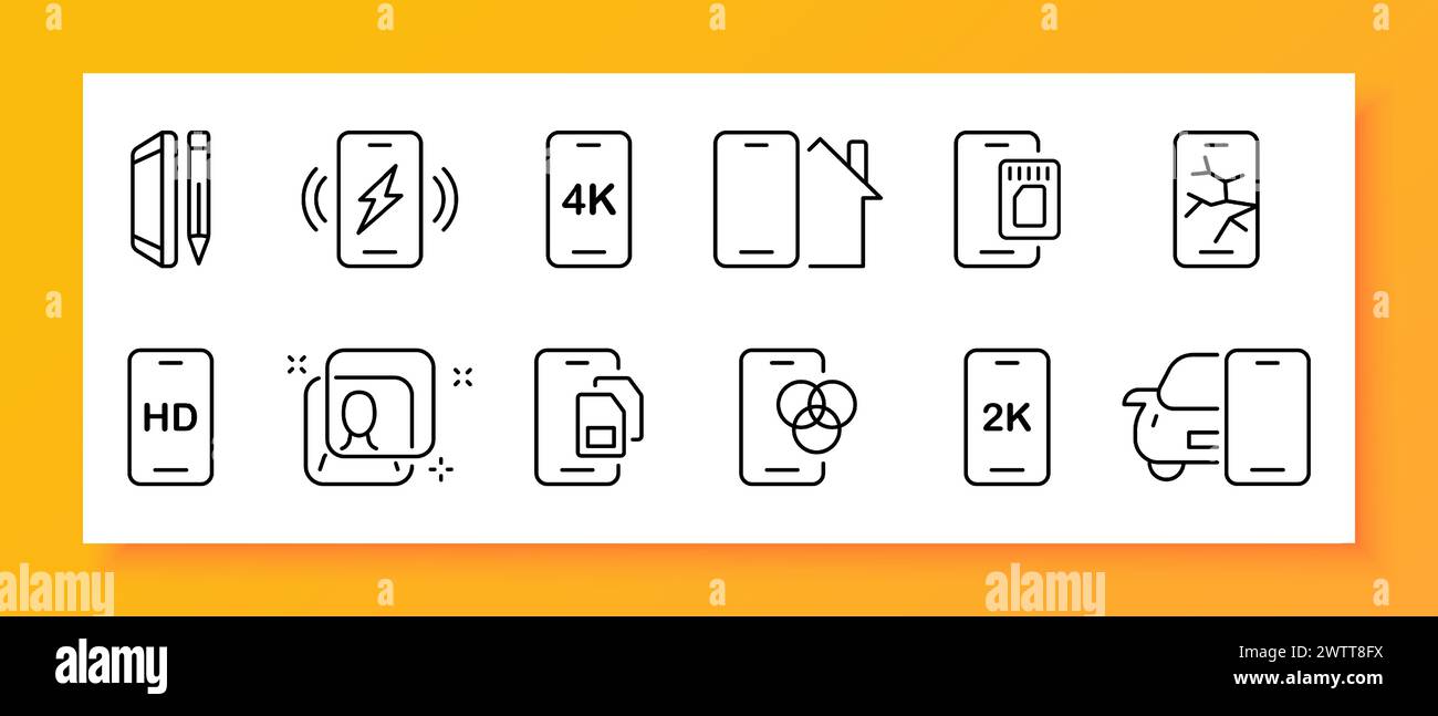 Smartphone icon set. Stylus, sensor, SIM card, screen, charging, RGB, contacts, gallery. Black ...