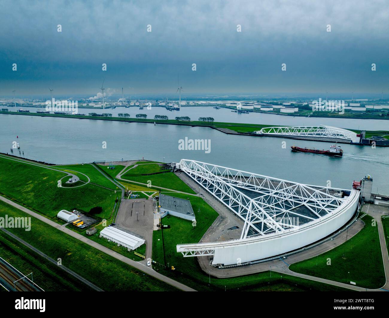 Rotterdam Maeslantkering storm surge barrier aerial view looking down ...