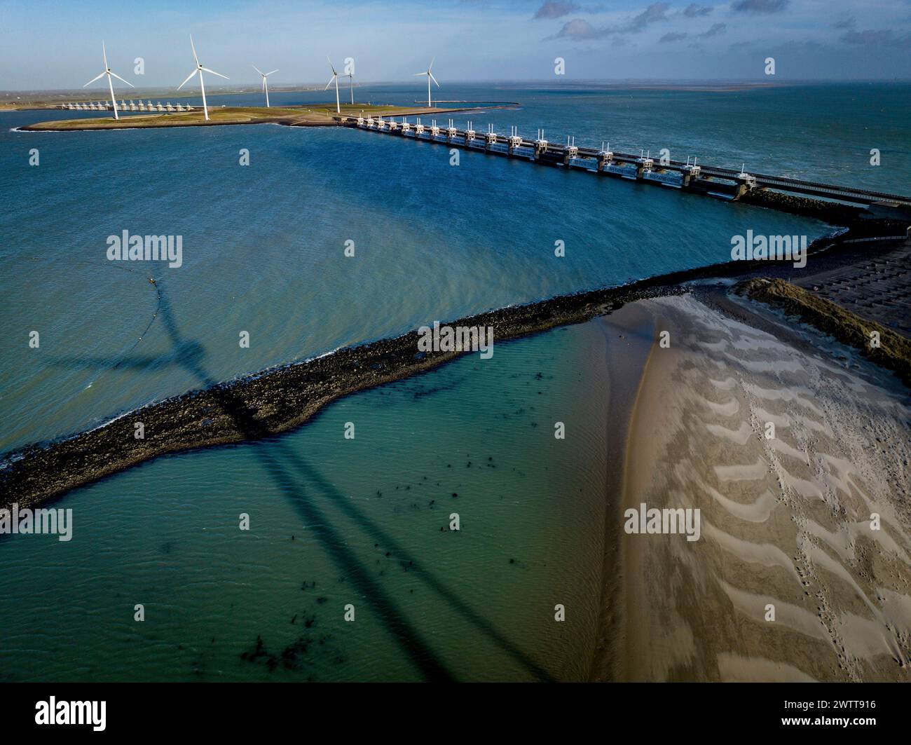 Neeltje Jans is part of the Eastern Scheldt storm surge barrier. Aerial ...