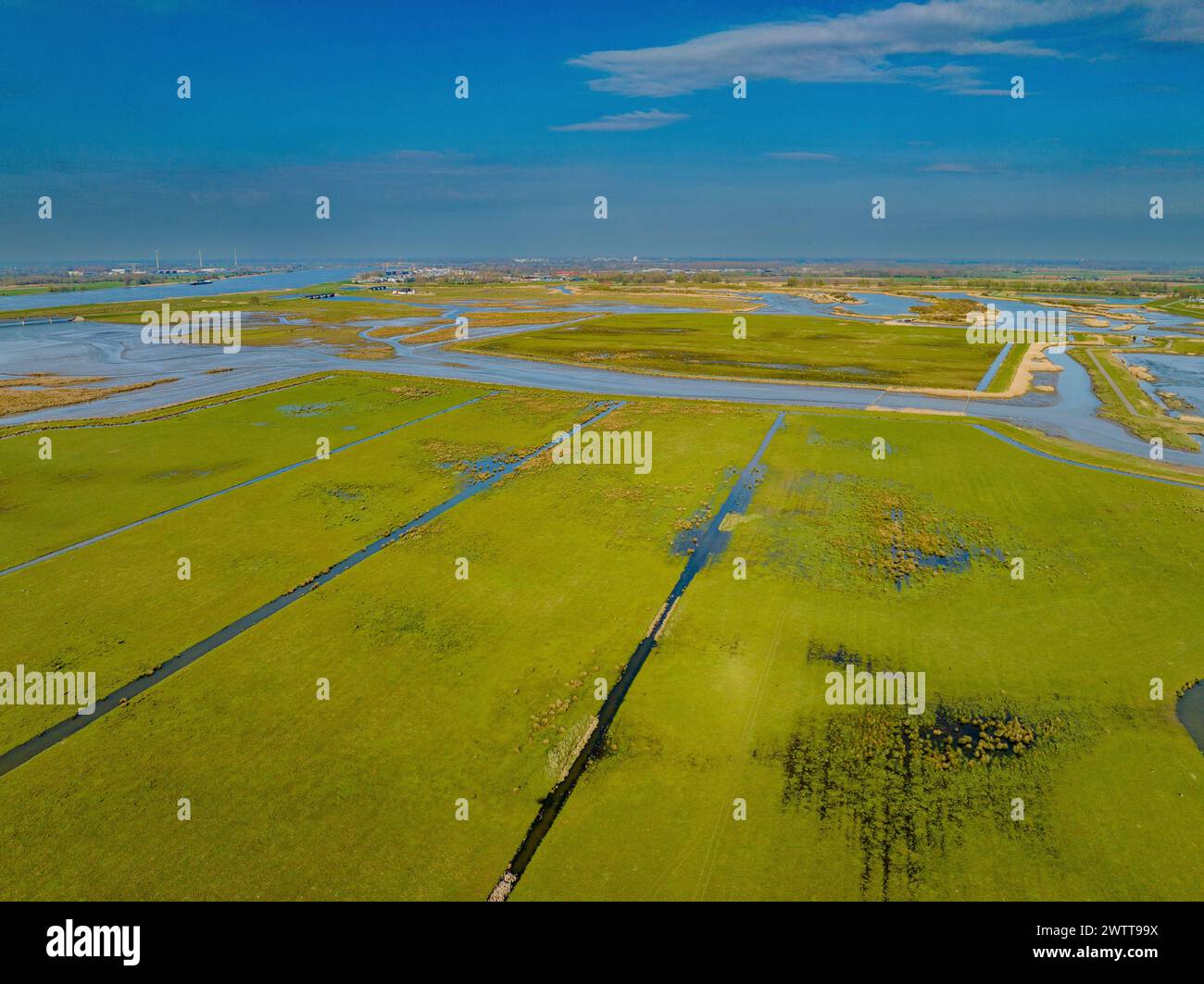 Aerial view of a wetland with vibrant green fields Stock Photo - Alamy