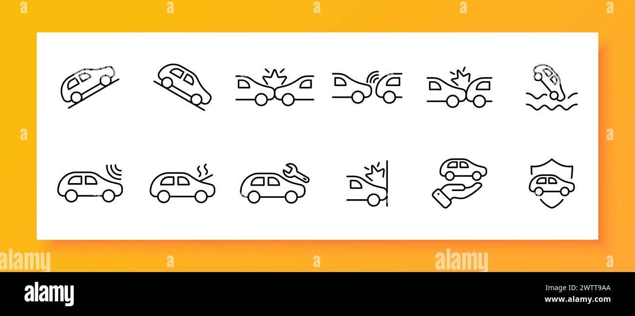 Car accident icon set. Smoke, collision, fire, damage, slope. Black ...