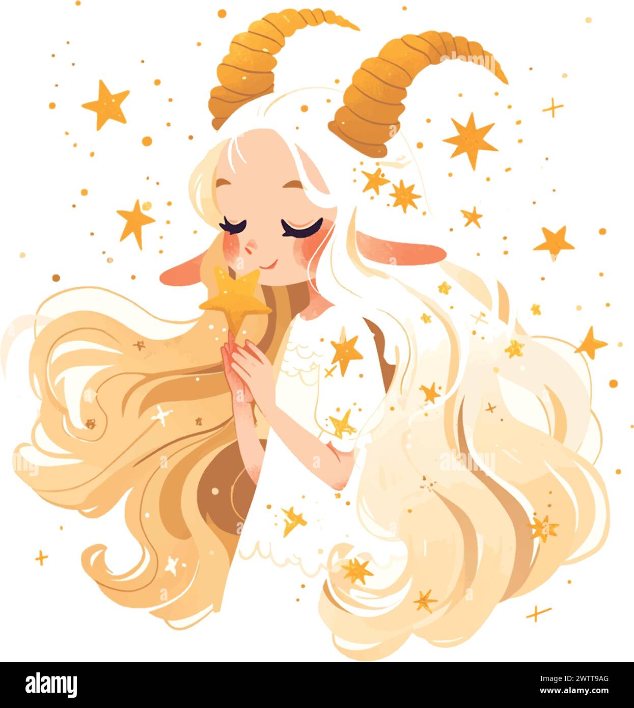 cute Capricorn with golden stars illustration on white background Stock ...