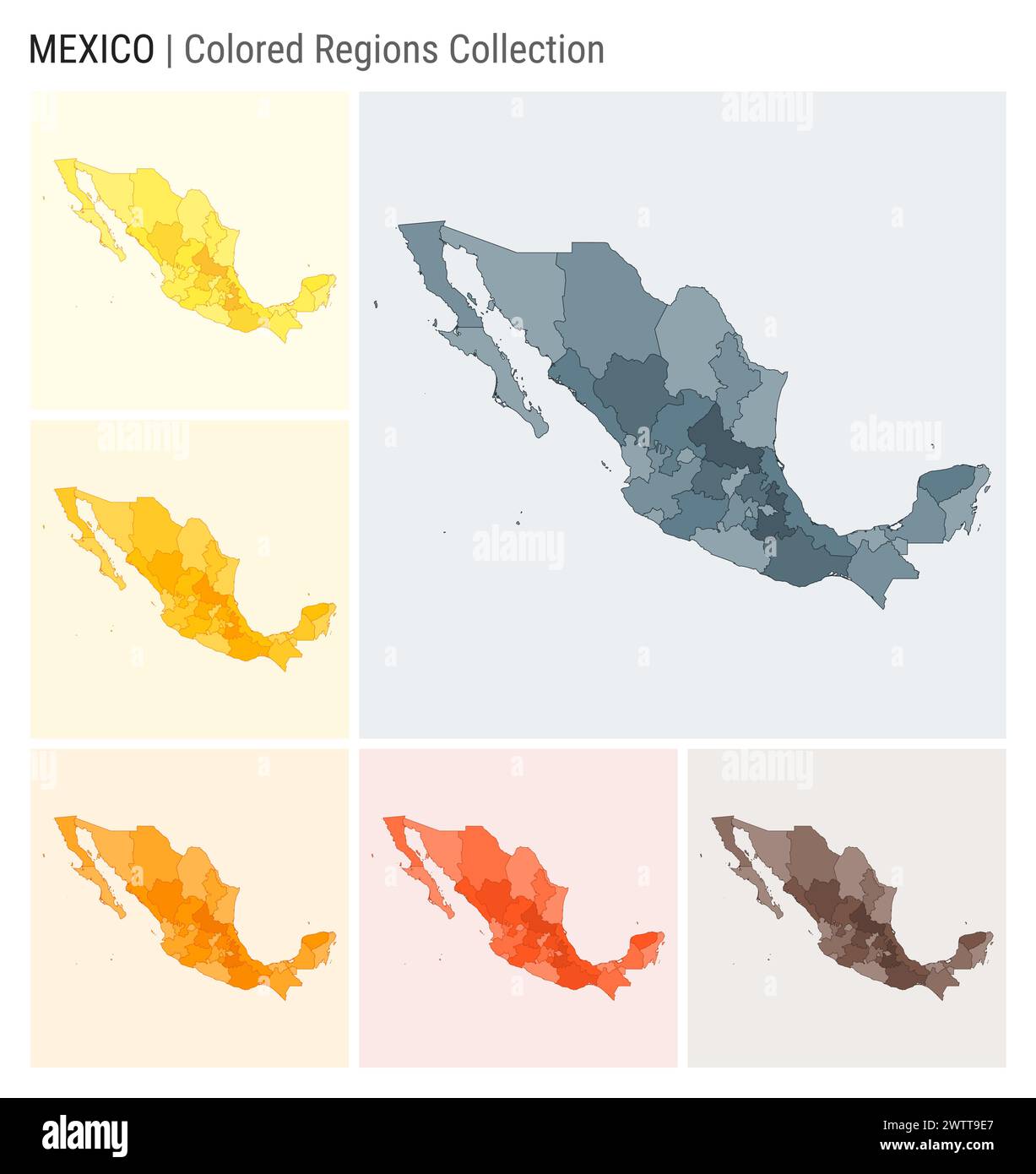 Mexico map collection. Country shape with colored regions. Blue Grey ...