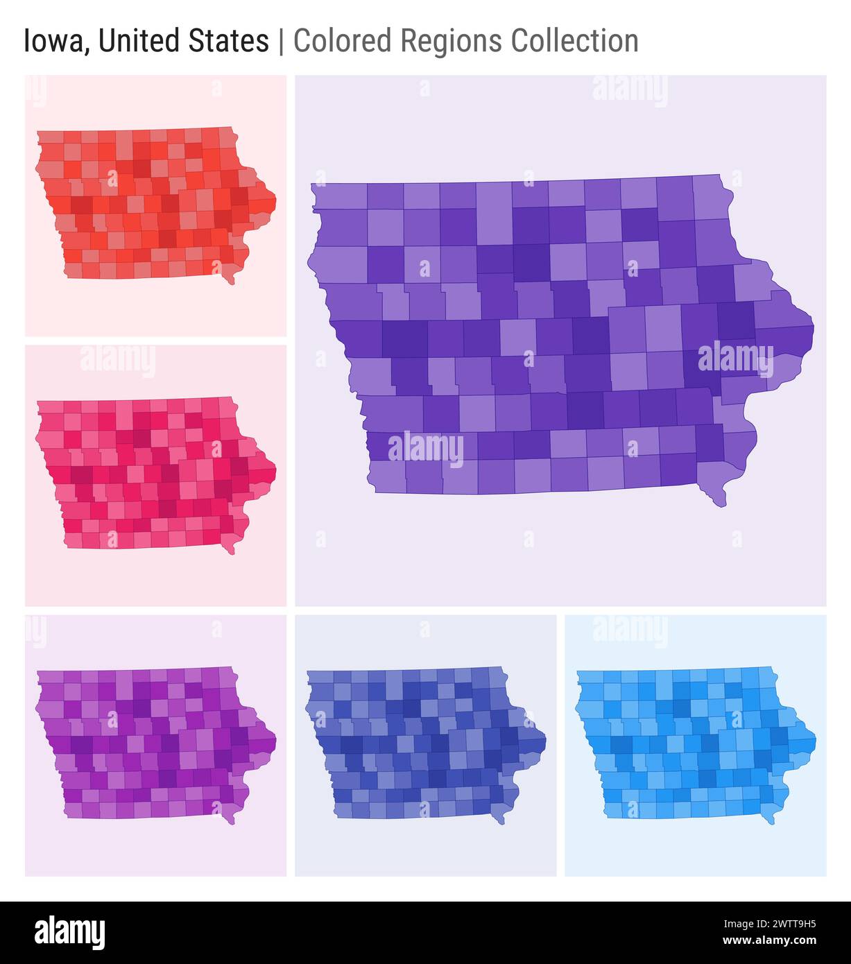 Iowa, United States. Map collection. State shape. Colored counties ...