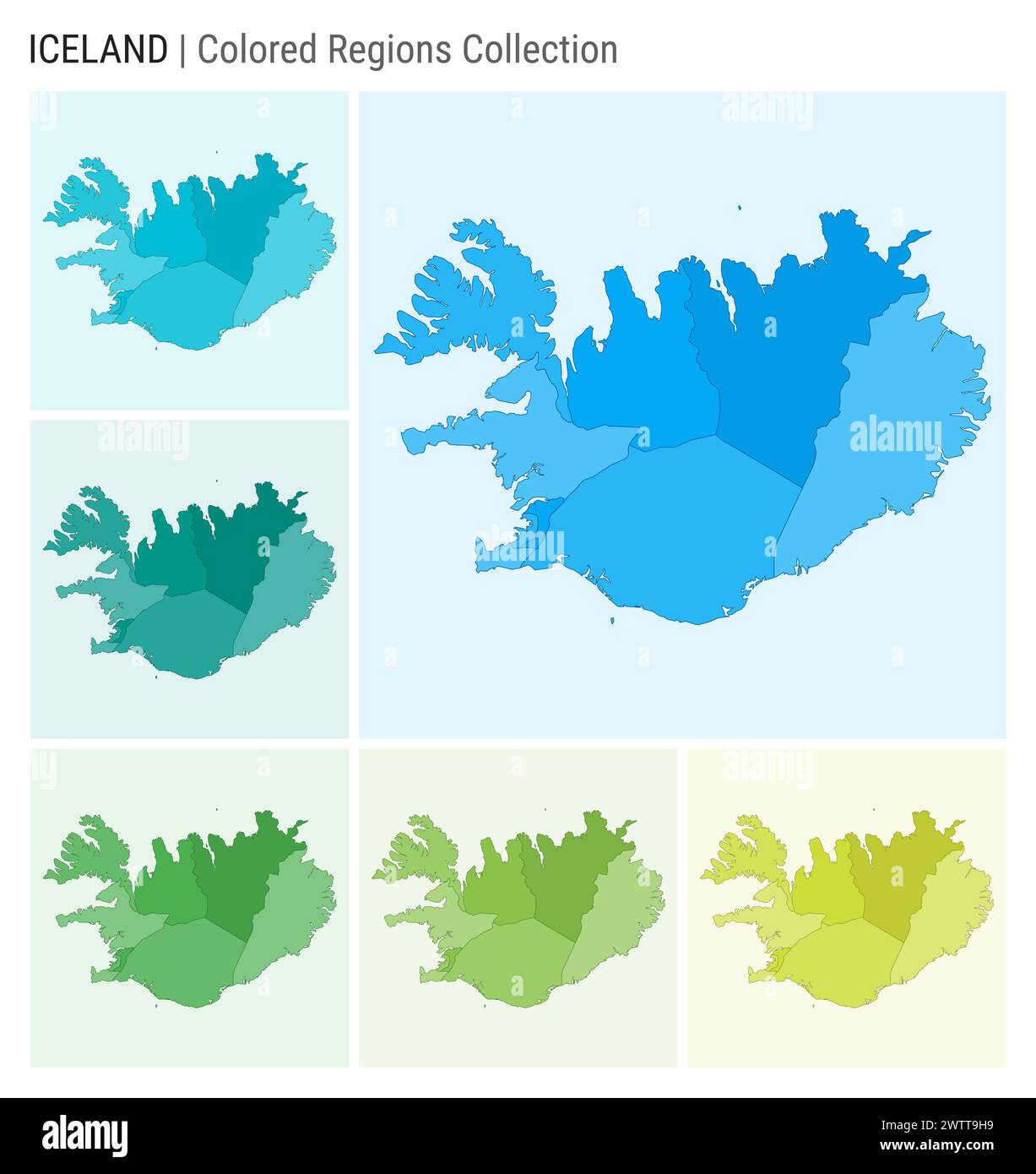 Iceland map collection. Country shape with colored regions. Light Blue ...