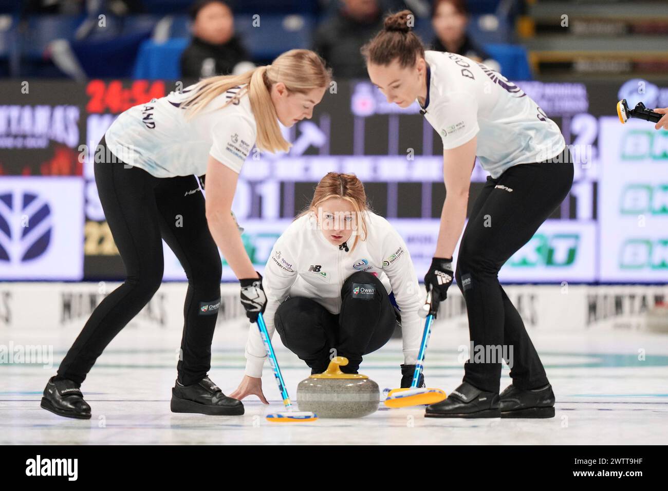 Scotland' skip Rebecca Morrison, center, watches her shot against South ...