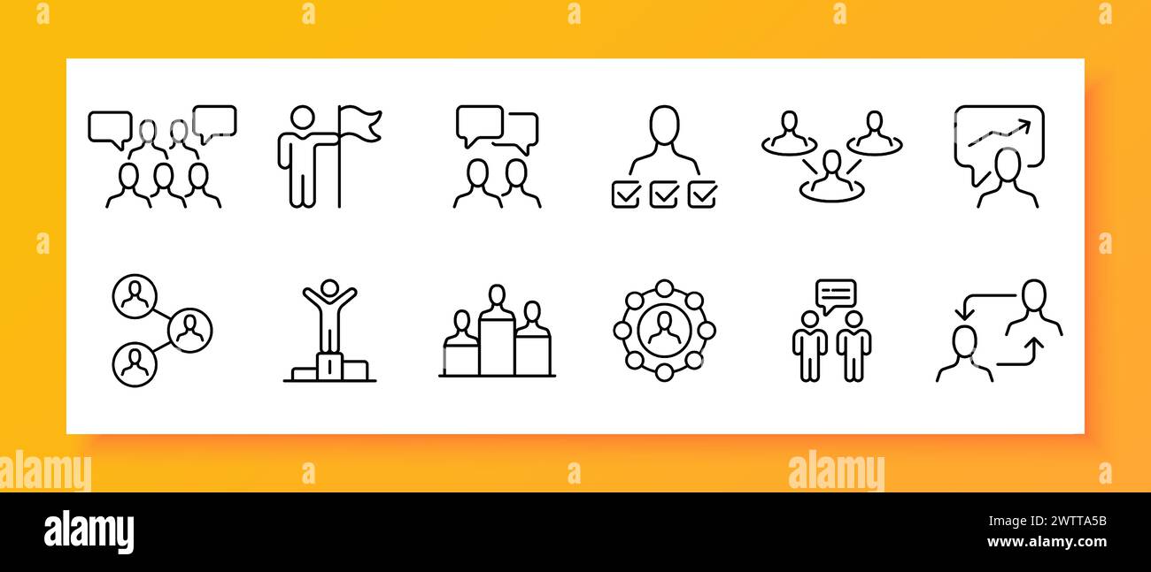Brain work icon set. Communication, competition, checkmark, contacts ...