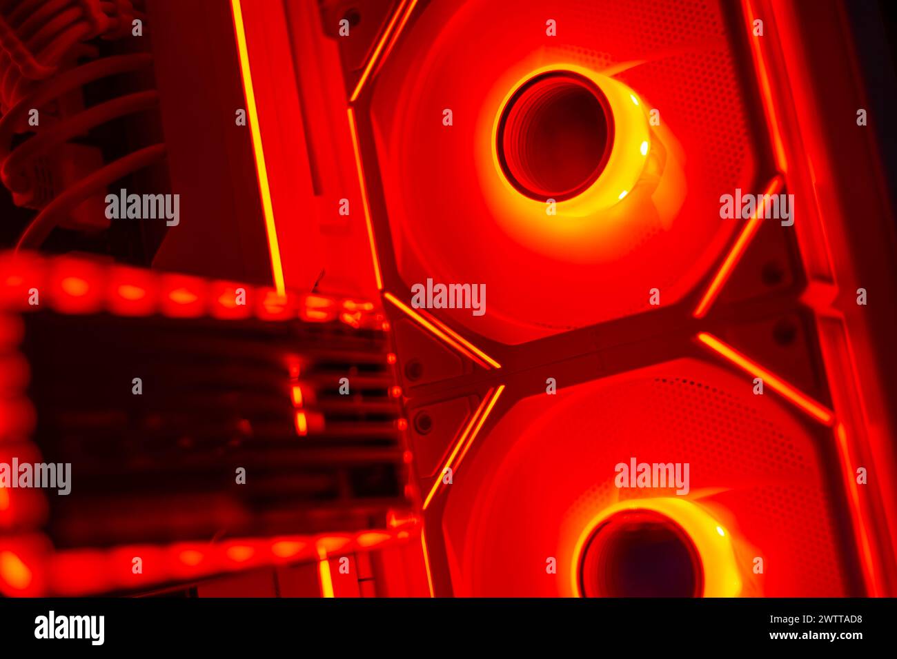 Internal components of an illuminated high-end gaming PC, symbolizing ...