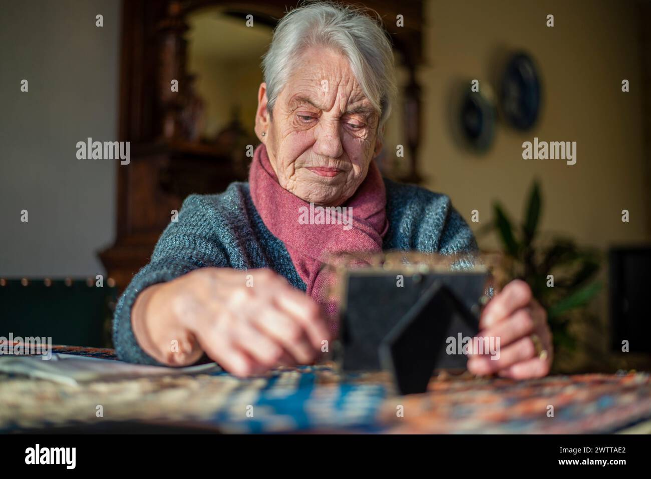 Elderly woman concentrating on a jigsaw puzzle at home Stock Photo - Alamy