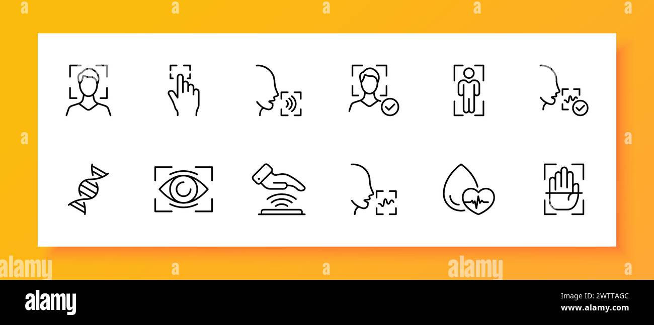 Biometrics icon set. Scanner, retina, fingerprint, voice, timbre, vibration. recognition ...