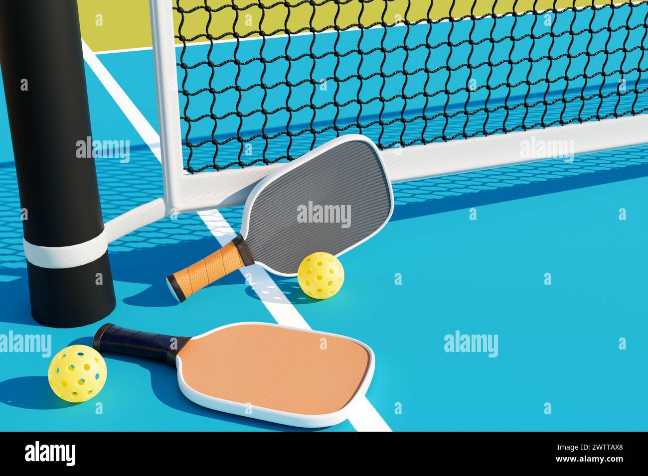 Pickleball rackets and balls on the playground. 3D rendering Stock ...